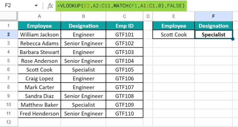 VLOOKUP With MATCH In Google Sheets - Formula, Examples