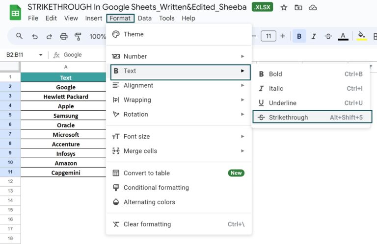 Strikethrough In Google Sheets - Top Methods to Add, Examples